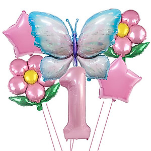 Butterfly Balloon 1st Birthday Decorations,Pink Blue Butterfly Fairy Floral Foil Balloons for Girl First Birthday Party Decorations Baby Shower Supplies…