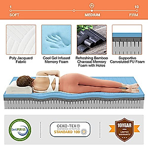 KOMFOTT Adjustable Bed with Transformable Cutting Mattress, Electric Adjustable Bed with Remote Control, Independent Head & Foot Adjustment, LED Light & USB Ports, Mattress with CertiPUR-US Certified