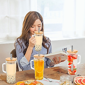 Ensccant 4Pack Glass Tumbler Cups with handle, 22oz Reusable Iced Coffee Cup with Bamboo Lid and Straw - Mason Jar Drinking Glasses for Cocktail, Beer, Smoothie Boba Tea, Juice - Non-slip Cup