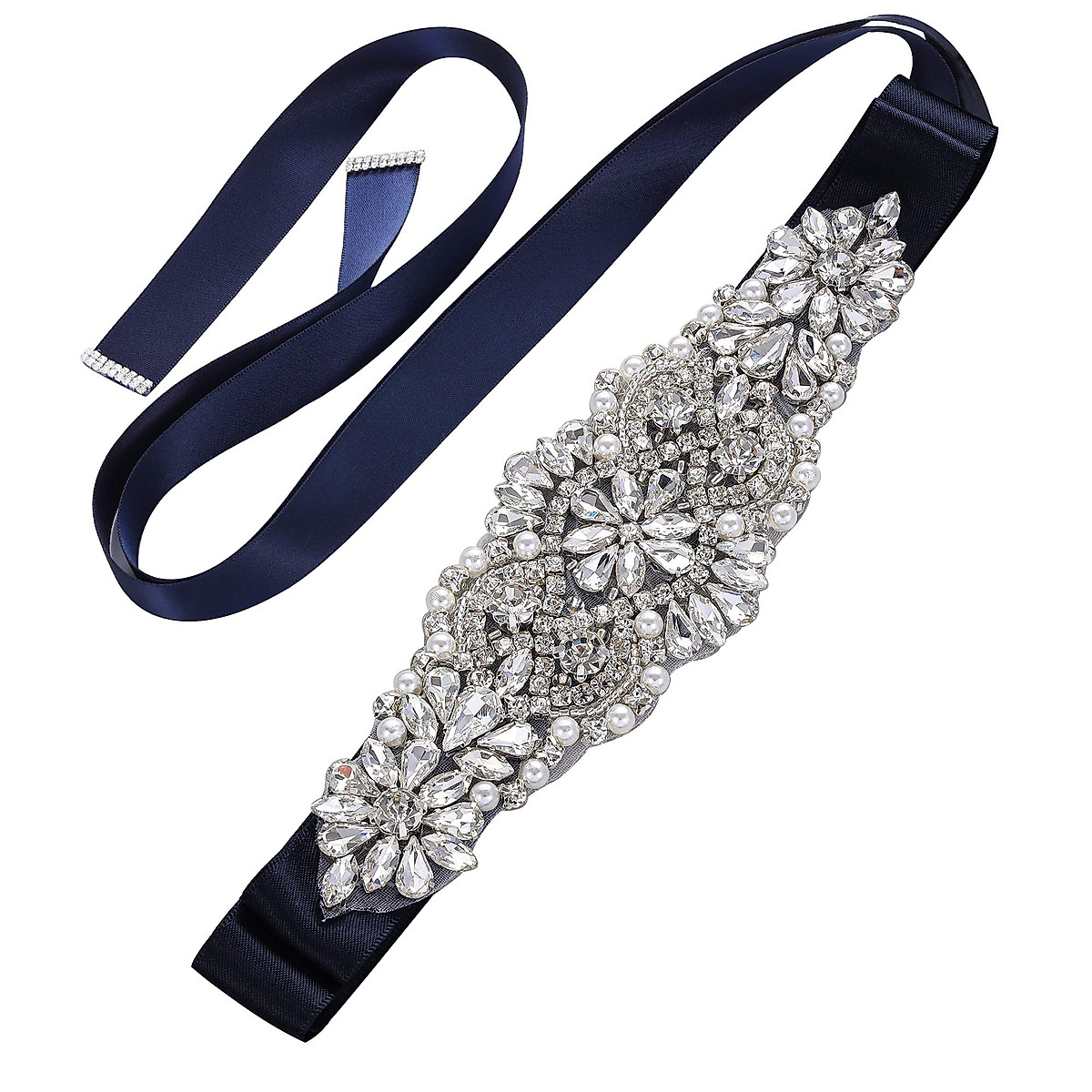 yanstar Silver Crystal Beads Rhinestone Wedding Bridal Belt Sash With Navy Ribbon For Wedding Dress
