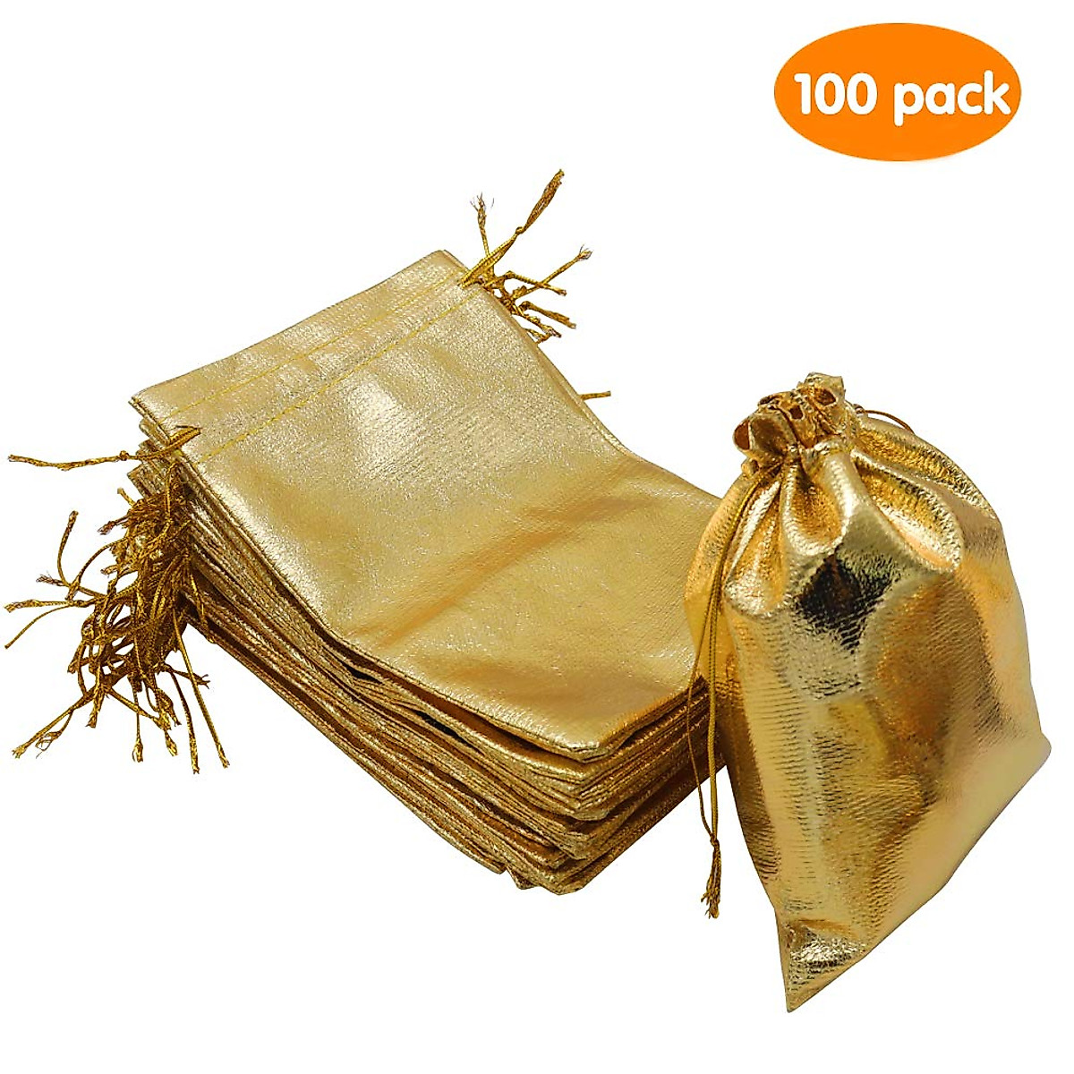 HRX Package Gold Gift Bags Drawstring 100pcs, 5 x 7 inches Jewelry Pouches Party Favor Goody Bags for Wedding Birthday Christmas Candy Bar