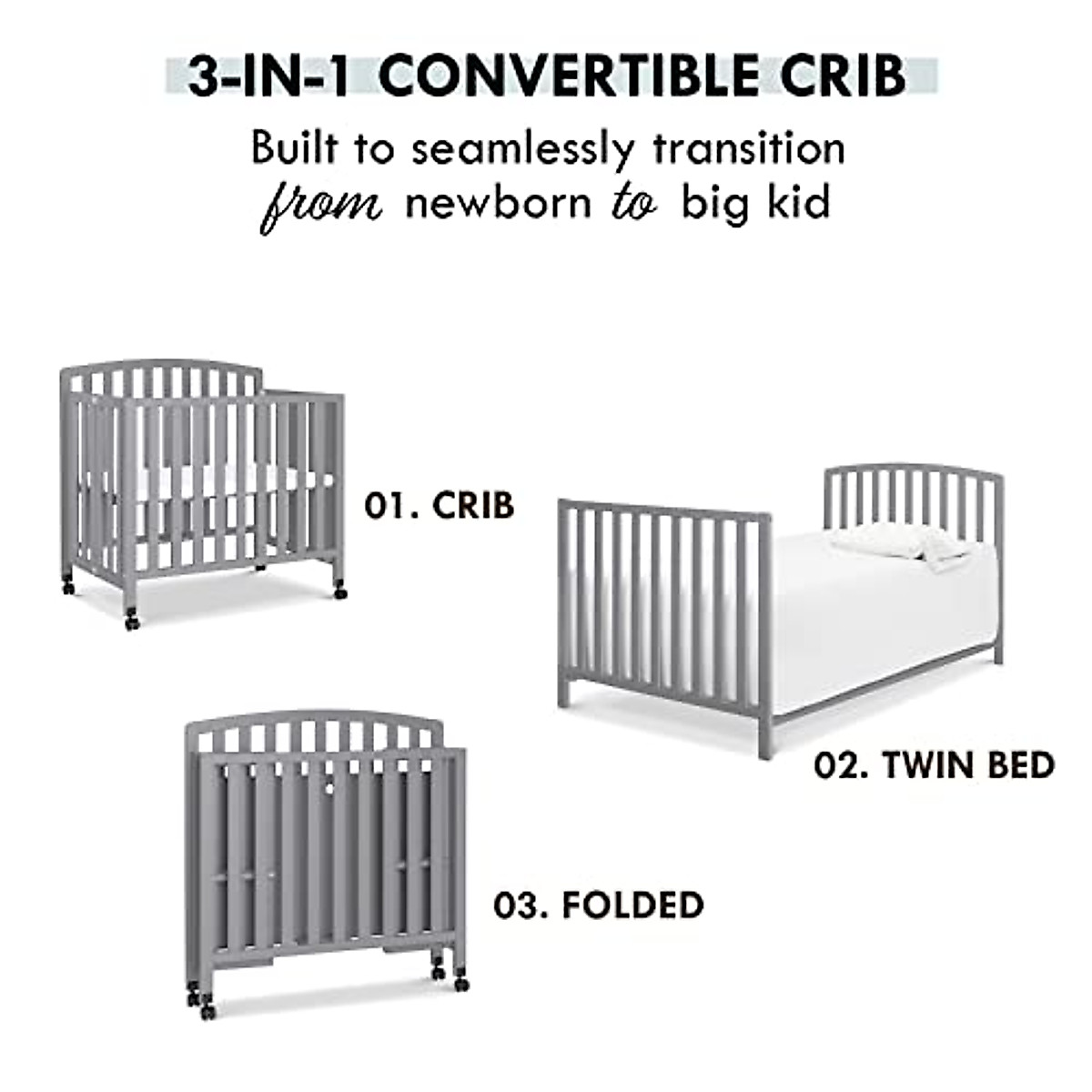 DaVinci Dylan Folding Portable 3-in-1 Convertible Mini Crib and Twin Bed in Grey, Greenguard Gold Certified