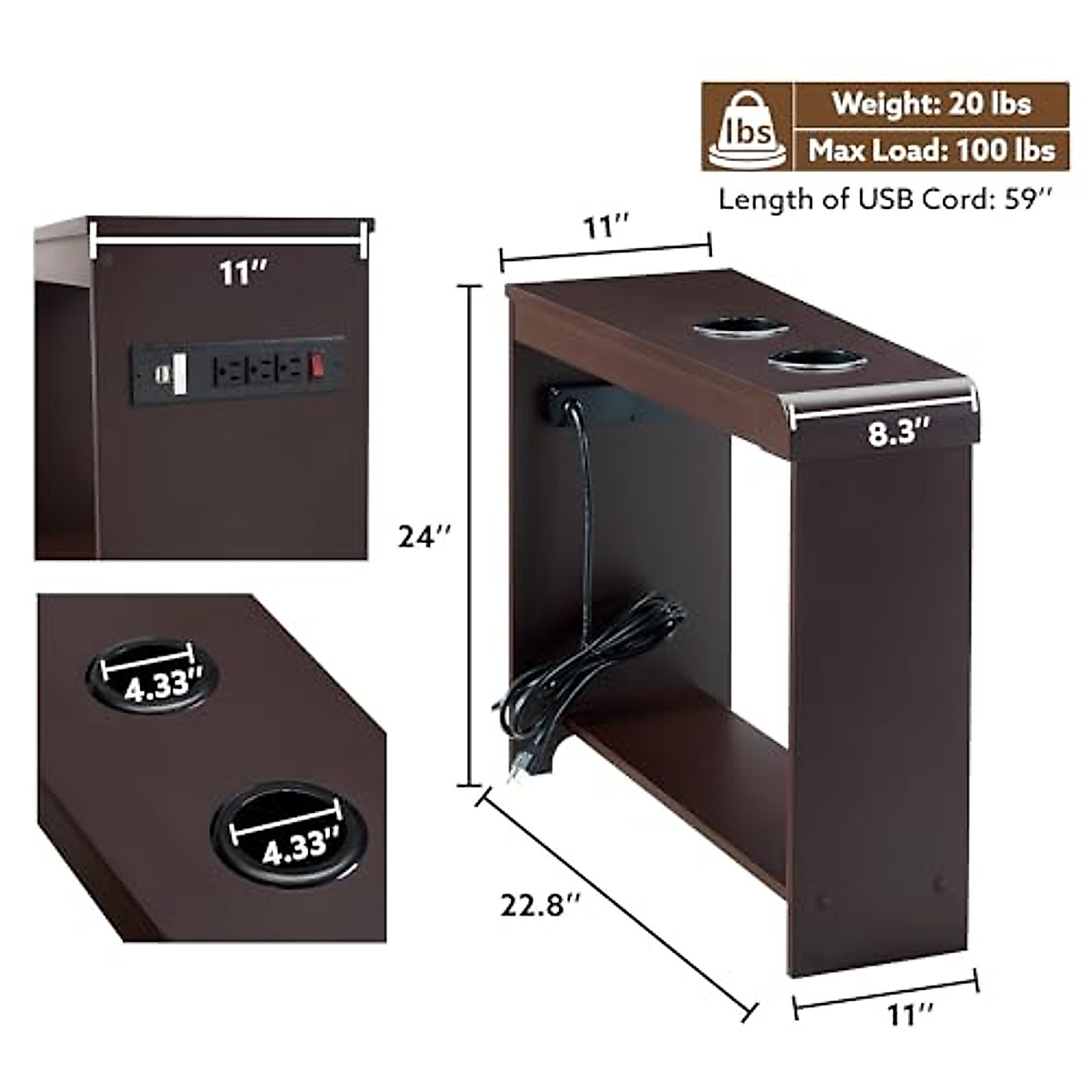 Jade Modern Nightstand with Charging Station | End Table with USB Ports & Outlets | Narrow Side Table for Bedroom & Living Room - Espresso