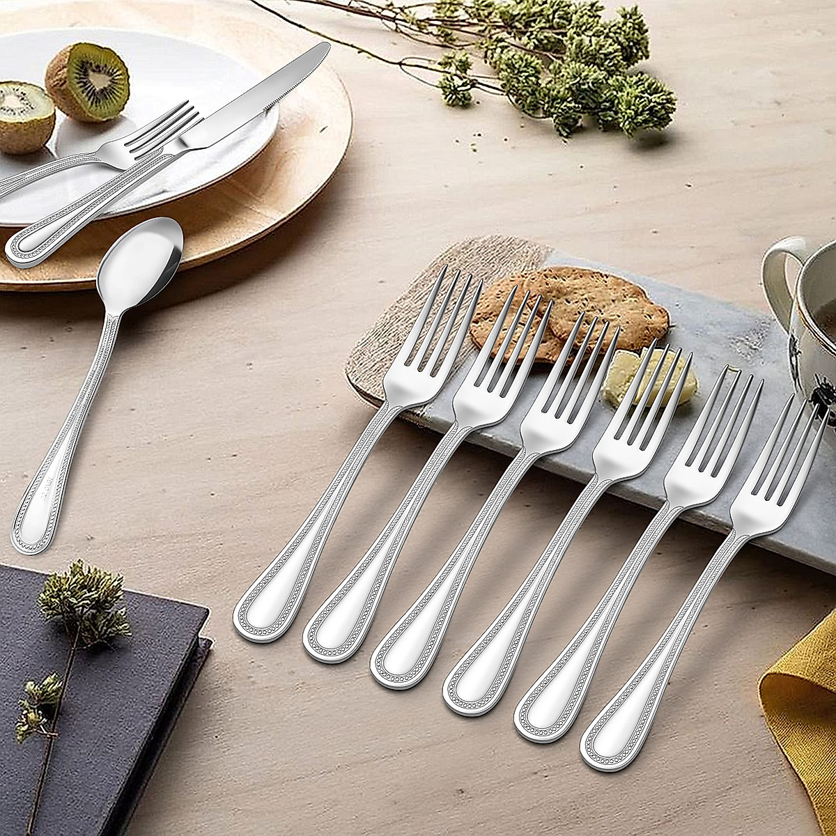 24PCS Forks and Spoons Silverware set, HaWare Stainless Steel Flatware with Pearled Edge for Home/Kitchen, Include 12 Dinner Forks(7.9 Inches) and 12 Dinner Spoons(7.9 Inches), Dishwasher Safe