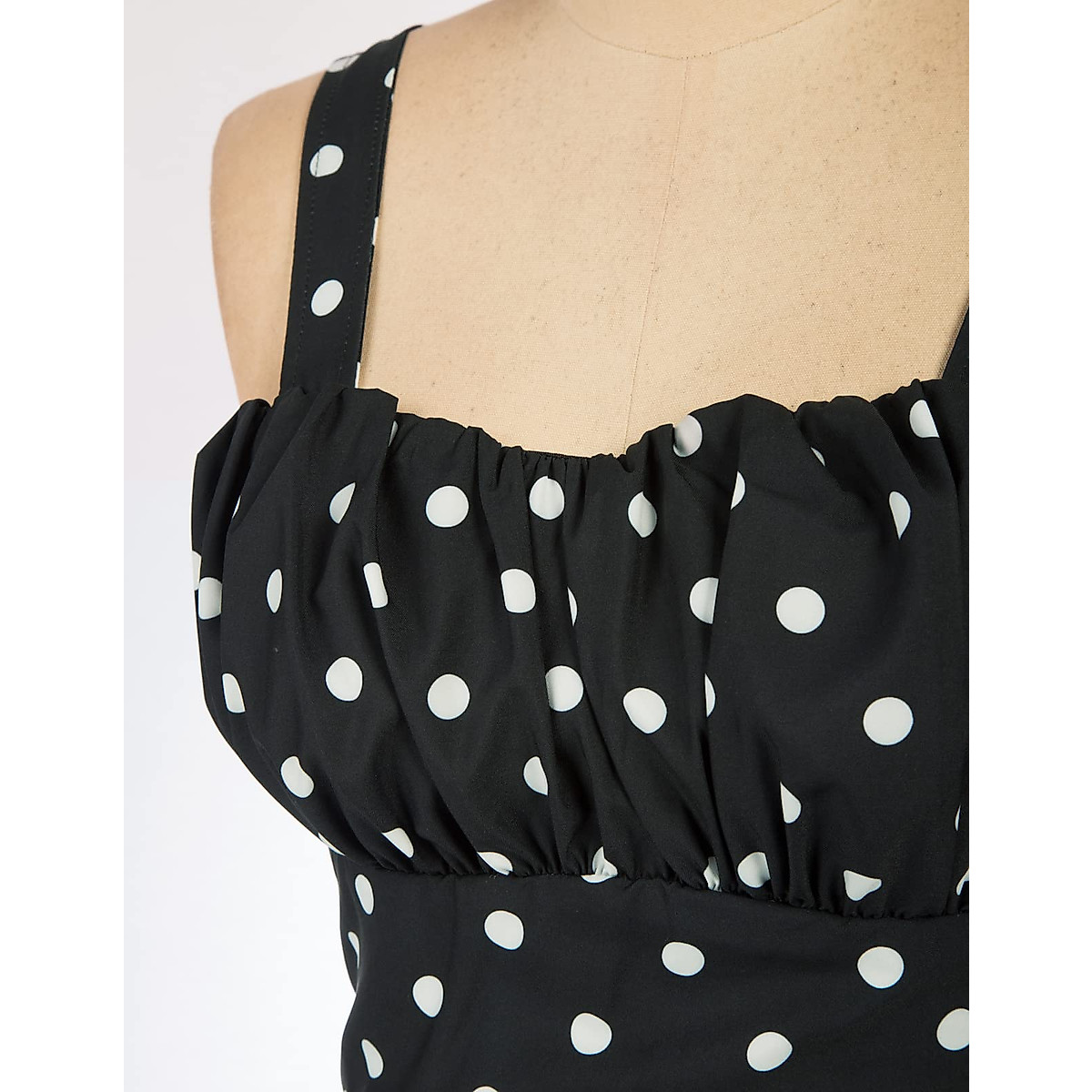 Vintage Dress for Women 1950s Summer Spaghetti Strap Ruched A-Line Flowy Swing Dress Black Polka Dot Dress L