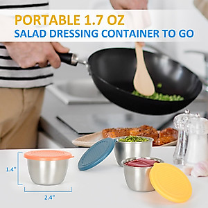 ZORGONS [6 Pack 1.7 oz Salad Dressing Container To Go - Small Condiment Containers with Lids, Reusable Stainless Steel Sauce Cups - Leakproof Silicone Lids for Lunch Bento Box, Picnic and Travel.