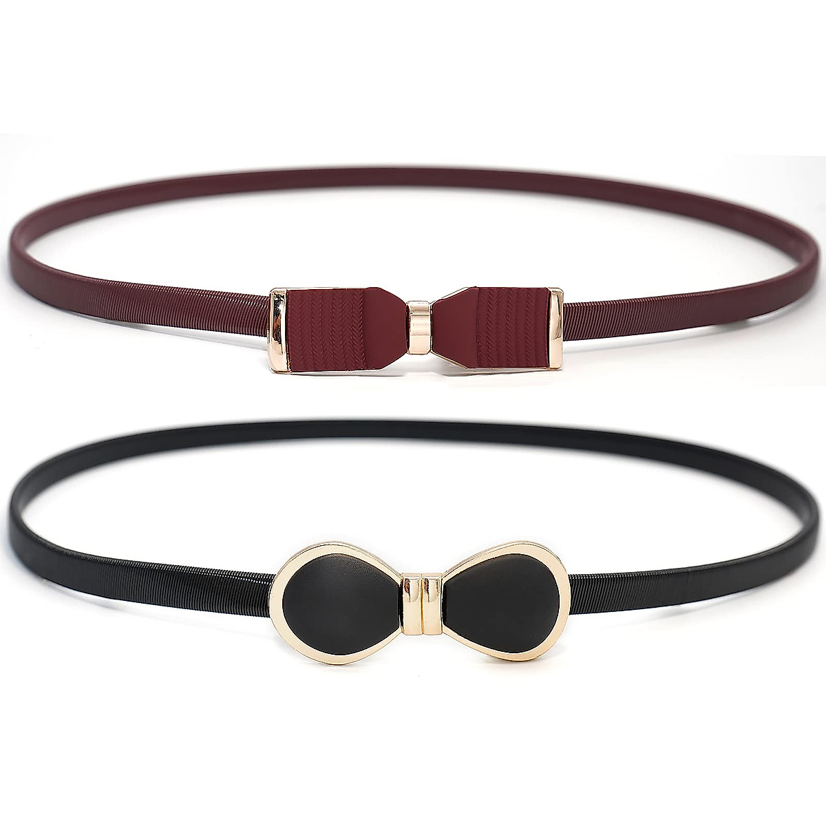 Glamorstar 2 Pieces Metal Stretch Elastic Waist Belt Skinny Thin Belt for Women Dress Set 2-Red Black