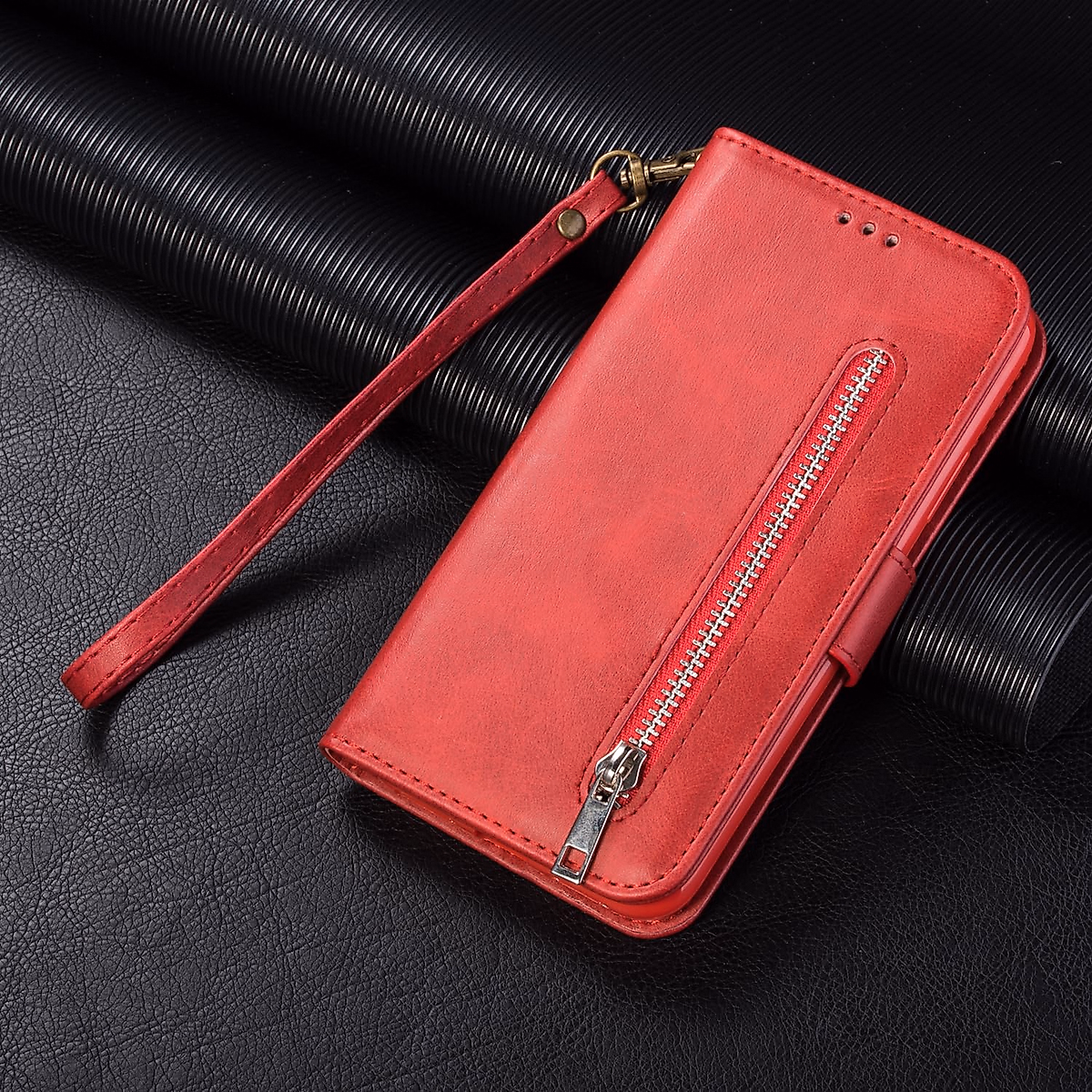 XIMAND for Samsung Galaxy Z Fold 5 5G Phone Case, Zipper Slot Card Wallet Case with Luxury Shockproof Cowhide Leather, [RFID Blocking] Folio Flip Cover Protective(Red)