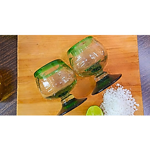 MEXTEQUIL - Authentic Mexican Tequila Hand Blown Shot Glasses - Set of 4-2 oz - Mini Glass Snifters - Heavy Base - Cognac (Green Rim)
