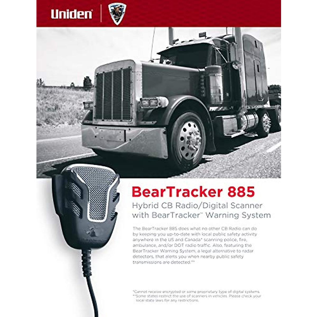 Uniden BEARTRACKER 885 Hybrid Full-Featured CB Radio + Digital TrunkTracking Police/Fire/Ambulance/DOT Scanner w/ BearTracker Warning System Alerts, 40-channel CB, 4-Watts power, 7-color display.