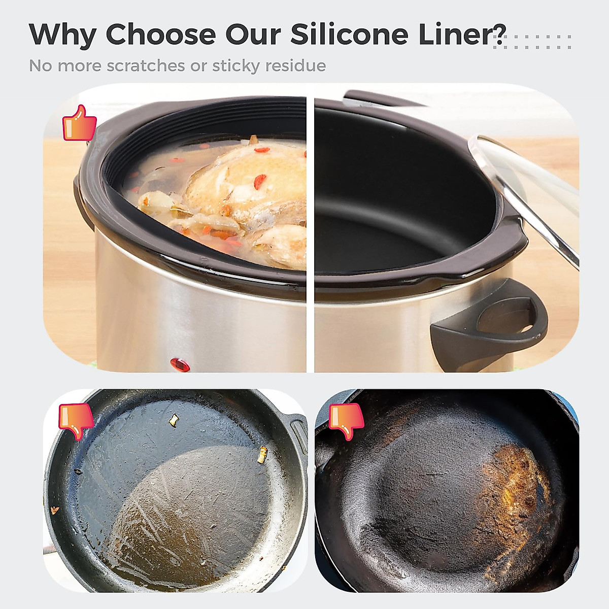 Silicone Slow Cooker Liners, Reusable Crock Pot Liner for 7-8QT Oval Slow Cookers, Food Grade Silicone Slow Cooker Linings, Leakproof Crockpot Liner, Dishwasher Safe