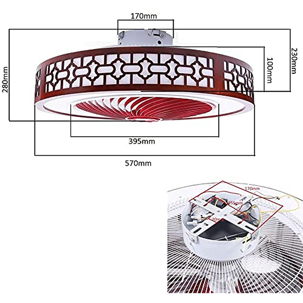 Ceiling Fan Light,22 Inch 64W 3 Colors 3 Speeds Round Retro Wood Remote Control Indoor Flush Mount Ceiling Fan Light