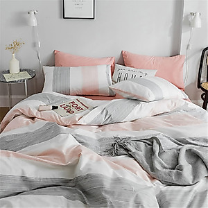HighBuy Stripe Duvet Cover Queen Bedding Sets Kids Comforter Duvet Cover Grey White Pink Cotton Bedding Sets Queen Comforter Cover with Zipper Kids Duvet Cover Set for Boys Teens