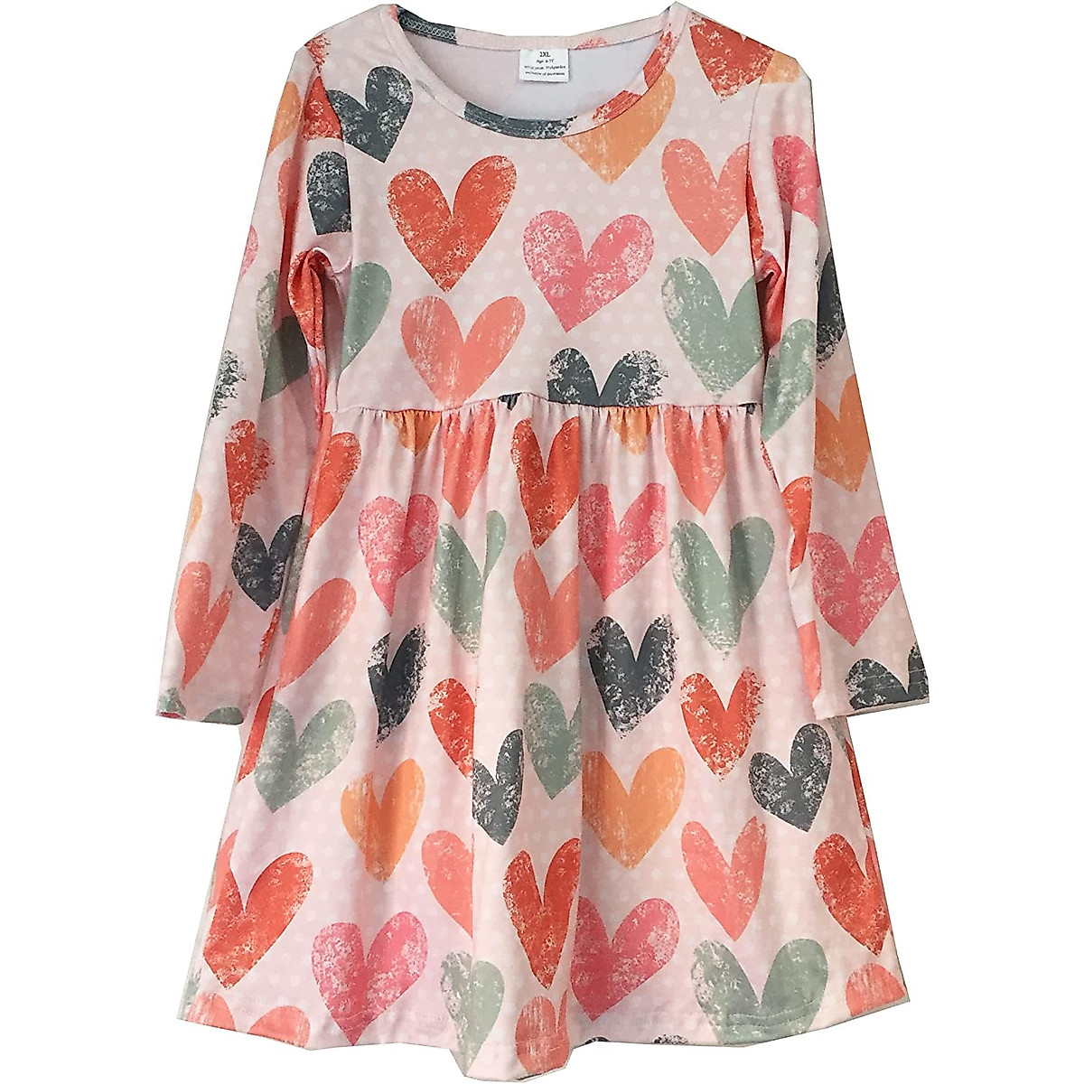 AQHOFSV Toddler Baby Girls Valentine's Day Dress Long Sleeve Tie Dye Colorful Heart Pattern Dresses Milksilk 2-7 Years