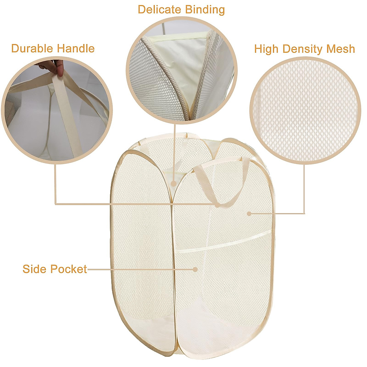 Aplter Pop Up Laundry Basket Folding Laundry Hamper Mesh Hamper Storage Bin for College Dorms, Travelling, Crusing, Camping, Beige