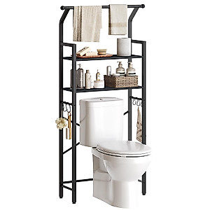 YATINEY Over The Toilet Storage, 2-Tier Bathroom Organizer Shelves with Hooks, Multifunctional Vertical The Toilet Shelf Storage Rack for Bathroom, Black TR01BB