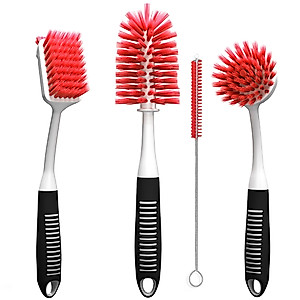 Dish Brush Set of 4 with Bottle Water Brush, Dish Scrub Brush, Scrubber Brush and Straw Brush - Kitchen Scrub Brushes Ergonomic Non Slip Long Handle for Cleaning Cleaner Wash Dish Sink Dishes Cup Pot