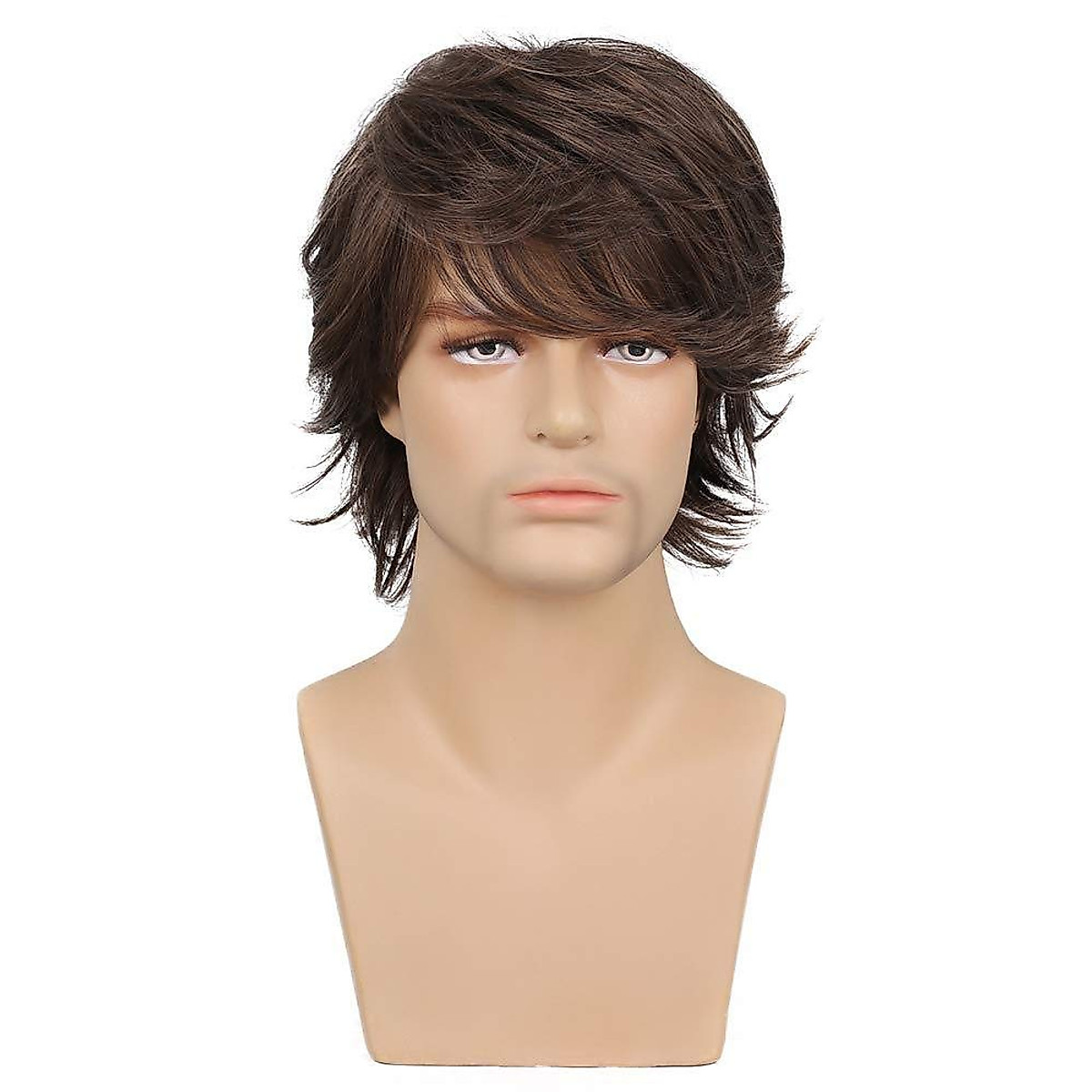 Short Brown Wig for Mens Layered Natural Fluffy Synthetic Hair Wig Heat Resistant Halloween Cosplay with Wig Cap