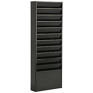 Displays2go File Folder Wall Rack with 11 Tiered Pockets, Shows Only The Top Portion of a File Folder, Office Filing Rack for Wall Mount - Black Powder-Coated Steel