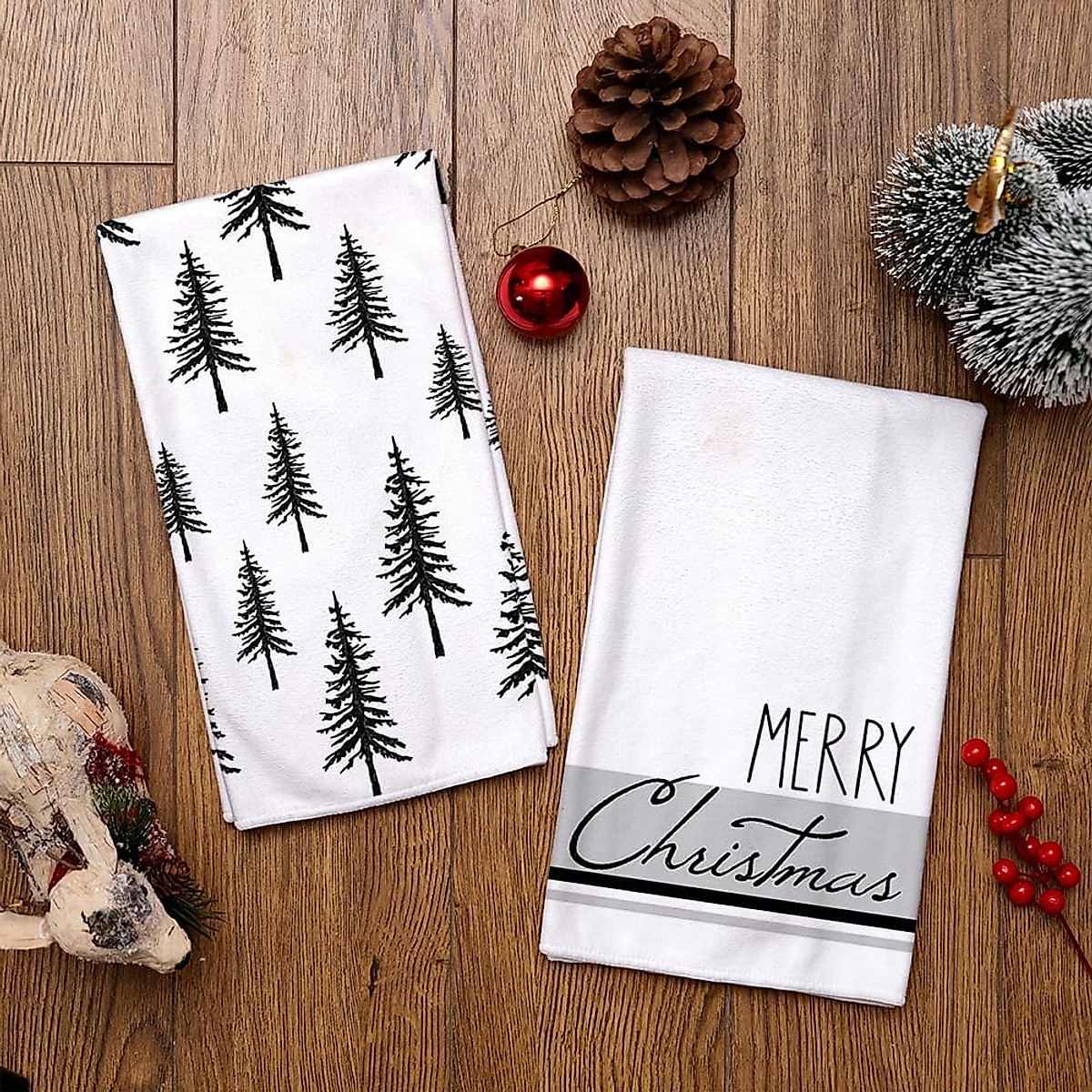 ARKENY Christmas Dish Towels for Christmas Decor Black Xmas Tree Kitchen Towels 18x26 Inch Grey Stripe Washcloths Seasonal Merry Christmas Hand Towel for Bathroom Set of 2 AD015