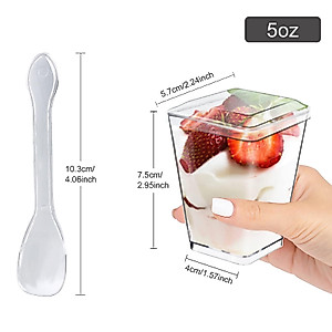 LOVLLE 5oz Dessert Parfait Cups with Lids and Spoons, 30 Pack Square Plastic Small Mini Clear Appetizer Bowls with Lids, for Party Fruit Ice Cream Pudding Mousse (5 oz)
