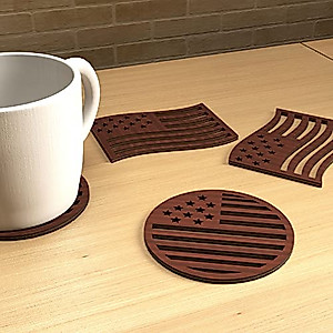 Independence Day Wood Coasters Set - This USA Gift Include 4pcs Carved American Flag Wooden Coasters for Drinks - Great Patriotic Home Decorations