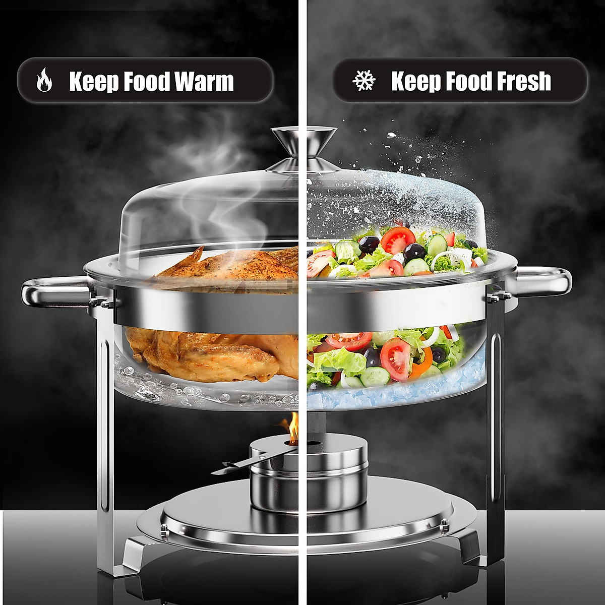 Chafing Dish Buffet Set 2 Pack, 5.5 QT Round Chafing Dishes for Buffet with Glass Lid & Lid Holder, Stainless Steel Chafers and Buffet Warmers Sets for Catering, Parties and Weddings