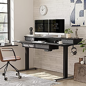 FEZIBO Sturdy Height Adjustable Electric Standing Desk with Drawers, 63 x 24 Inch Stand Up Table with Large Storage Shelf, Sit Stand Desk, Black Top