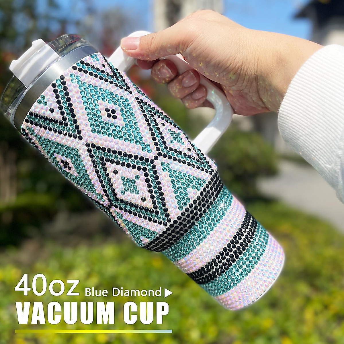 Cupcupmore 40oz Blue Diamond Bling Rhinestone Stainless Steel Sippy Tumbler Glitter Vacuum Insulated Water Bottle with Straw & Lid &Handle,Thermos for Hot & Cold Drinks,Car Cup Holder,Coffee