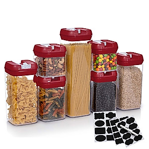 Cheer Collection Stackable Airtight Food Storage Containers - BPA Free Plastic Food Organizer for Pantry with Dry Erase Marker and Labels, Red (Set of 7)