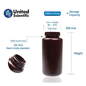 United Scientific Supplies 33466 | Laboratory Grade HDPE Wide Mouth Amber Reagent Bottle | Designed for Laboratories, Classrooms, or Storage at Home | 1,000mL (1L) Capacity | Pack of 6