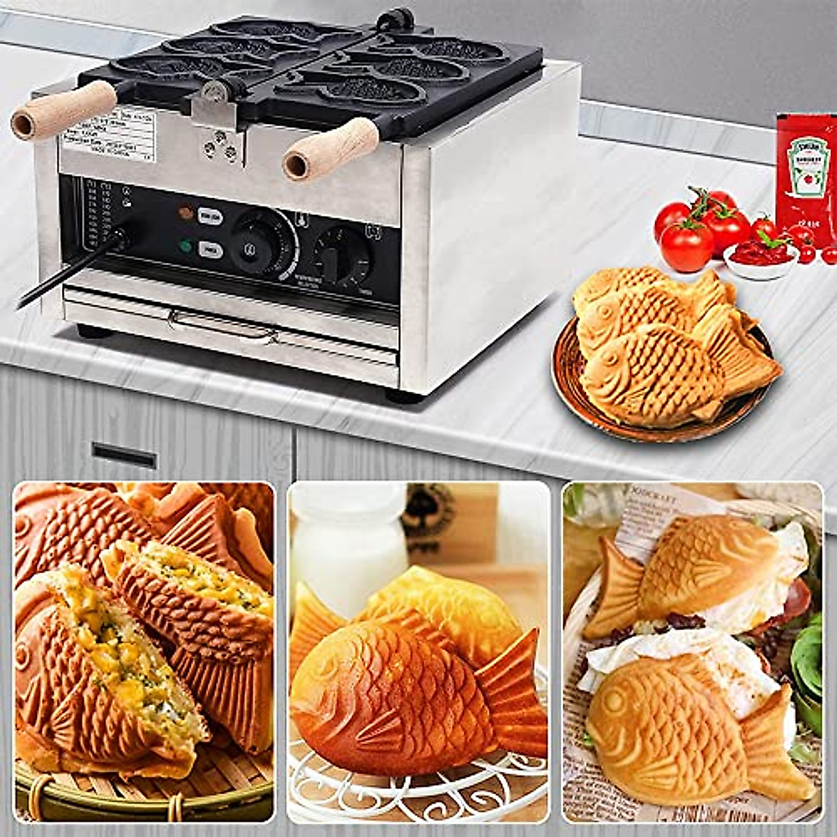 SRMNFADZ Nonstick Japanese Taiyaki Making Machine, Commercial Electric Fish-Shaped Waffle Maker, 1400W Waffle Iron Baker Machine for Party Cafe Tea Shop