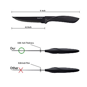 dearithe Steak knives set of 6, Black Serrated Stainless Steel Sharp Blade Flatware Steak Knife Set, 4.5 Inches,Non stick coating for Anti-rusting, for Restaurant Tableware Kitchen Camping