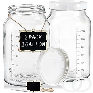 Qianfenie 2 Pack 1 Gallon Glass Jars with Lid, Glass Storage Jars with Airtight Lid and Silicone Gasket - Large Mason Jar w 2 Scale Mark, Wide Mouth Jar for Fermenting Kombucha and Storing Food