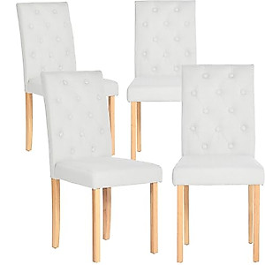 FurnitureR Dining Chairs Set of 4, Wooden Armless Kitchen Chair with Solid Rubber Wood Legs High-Back Dining Room Chairs with Upholstered Padded Cushion, White
