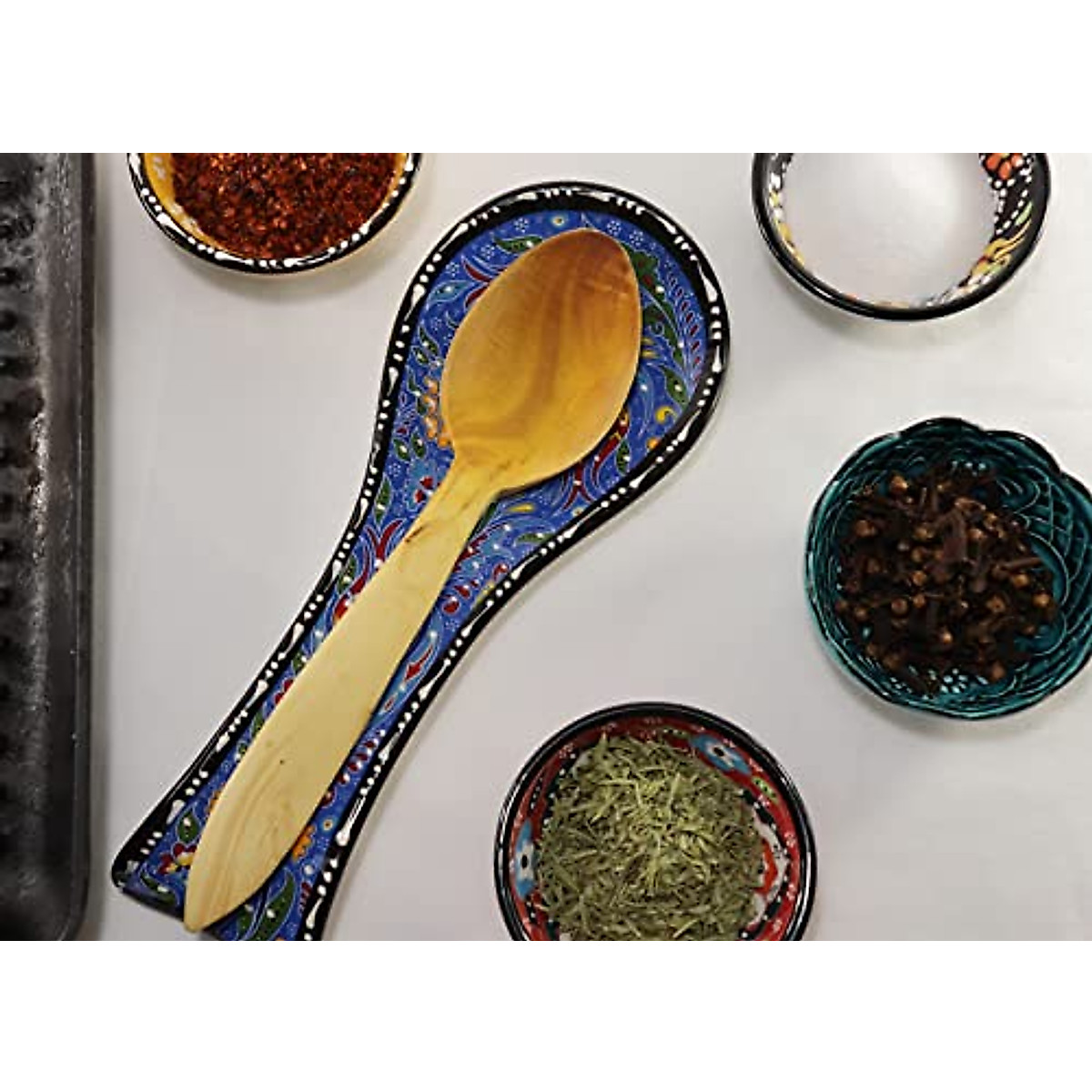 Canarels Ceramic Spoon Rest for Kitchen Counter, Set of 2 – Handcrafted Kitchen Utensil Holder – Modern Farmhouse Kitchen Decor and Accessories, Spoon Holder for Stove Top (2 Pcs- Blue&Orange)