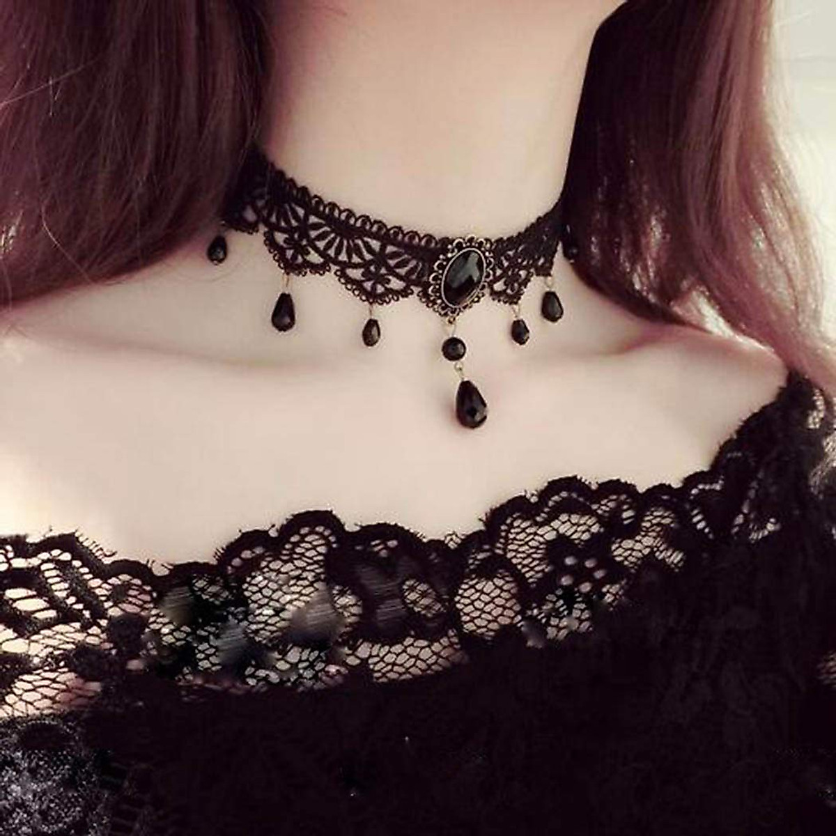 Zoestar Black Lace Choker Necklaces Vintage Crystal Pendant Necklace Punk Chain Accessories for Women