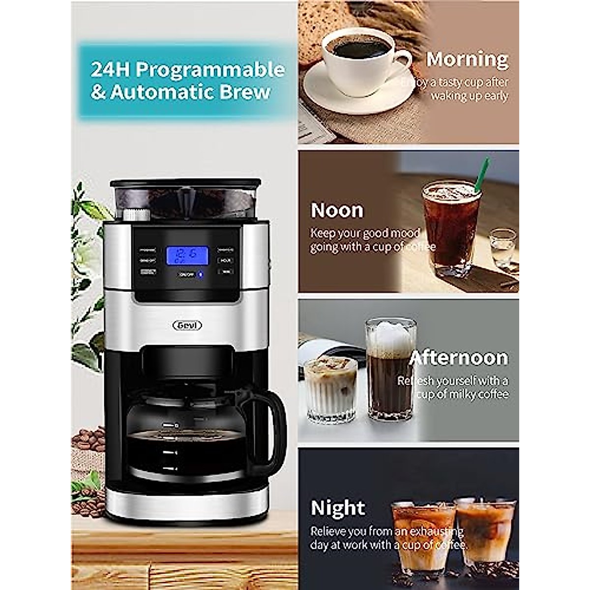 10-Cup Drip Coffee Maker, Brew Automatic Coffee Machine with Built-In Burr Coffee Grinder, Programmable Timer Mode and Keep Warm Plate, 1.5L Large Capacity Water Tank, Removable Filter Basket, 900W
