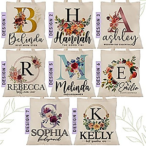 Wedding Canvas Bag Gift for Bridesmaid - Personalized Floral Tote Bags w/Name Text - 8 Designs - Customized Initial Shoulder Bag - Custom Bridal Shower Party Bachelorette Party Gift for Women Girls C1