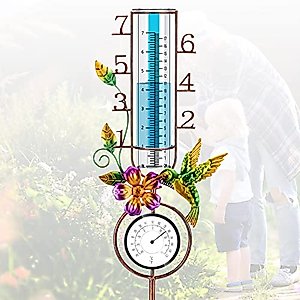 APSOONSELL Rain Gauge with Metal Stake, Large Number Rain Gauges Outdoor for Garden Decor, 7" Rain Gauge Glass Tube with Thermometer, Hummingbird