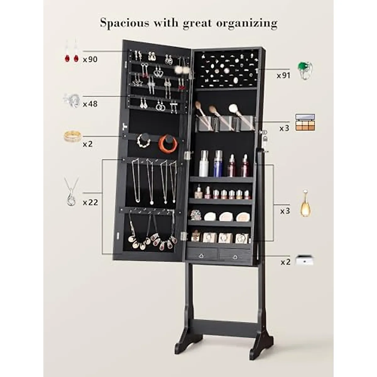 Nicetree Jewelry Cabinet with Full-Length Mirror, Standing Lockable Jewelry Armoire Mirror Organizer, 3 Angel Adjustable, Black