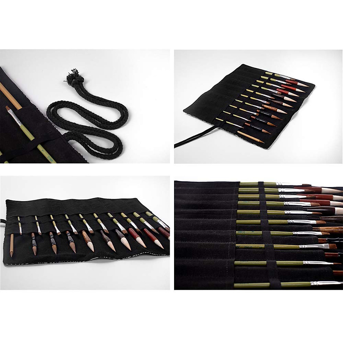 Canvas Roll Up Paint Brush Holder 20-Slot Artist Roll Makeup Brushes Case Pouch Bag Organizer Lightweight (Black)