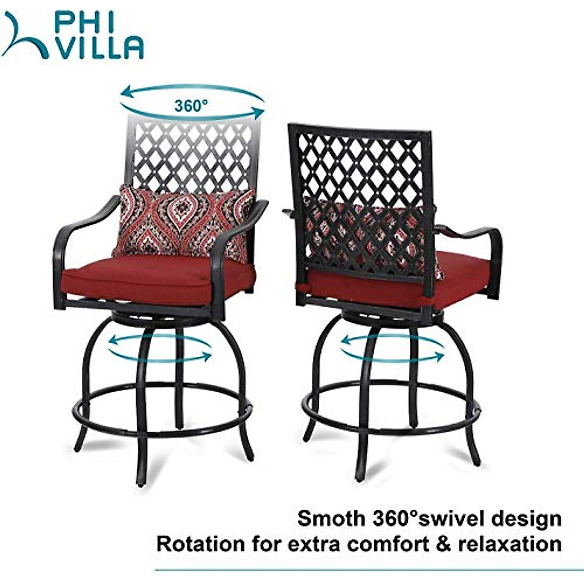 PHI VILLA Patio Bar Set, 3 pcs Outdoor Metal Bar Set with 2 Swivel Cushioned Stools & 31" Square Patio Bar Table with Umbrella Hole, Outdoor Furniture Set for Patios Backyard, Porches or Garden