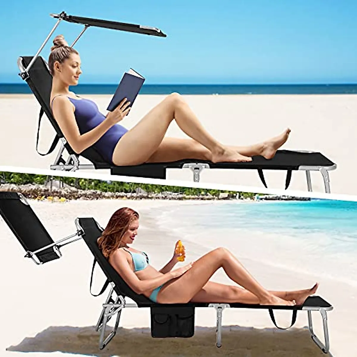 Goplus Lounge Chaise Chair, Foldable 5-Position Adjustable Tanning Sun Bating Chair w/ 360°Canopy & Side Pocket, Outdoor Beach Recliner for Garden Yard Pool Side (1, Black)