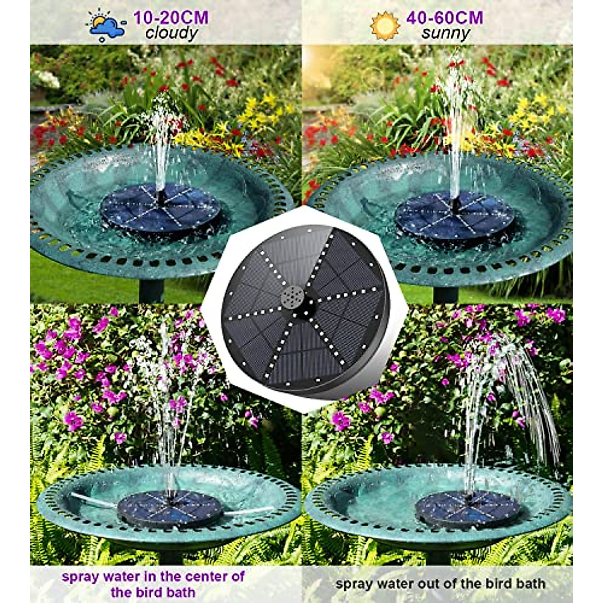 SZMP Solar Fountain 4W Bird Bath Fountains 2024 Upgraded 60LED Lights, Solar Powered Fountain Pump Built-in 4000 Battery with 7 Nozzle & 4 Fixer, Solar Water Fountain for Garden, Bird Bath, Pool, Pond