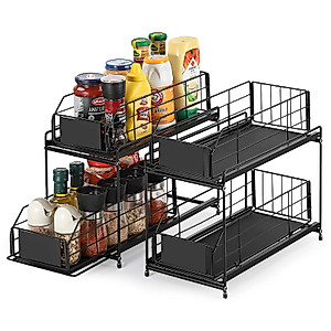 2 Pack - 2-Tier Under Sink Cabinet Organizer with Sliding Storage Drawer, Spice Rack, Pull Out Cabinets Organizer Shelf Baskets, for Kitchen, Pantry, Under The Sink, Cabinet, Bathroom, Black