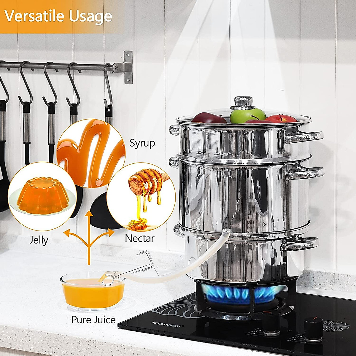 FANTASK 11-Quart Steam Juicer, Pasta Pot with Tempered Glass Lid, Hose, Clamp, Safe Loop Handle, Easy to Use, Stainless Steel Steamer Pot for Cooking Fruit Vegetable, Silver