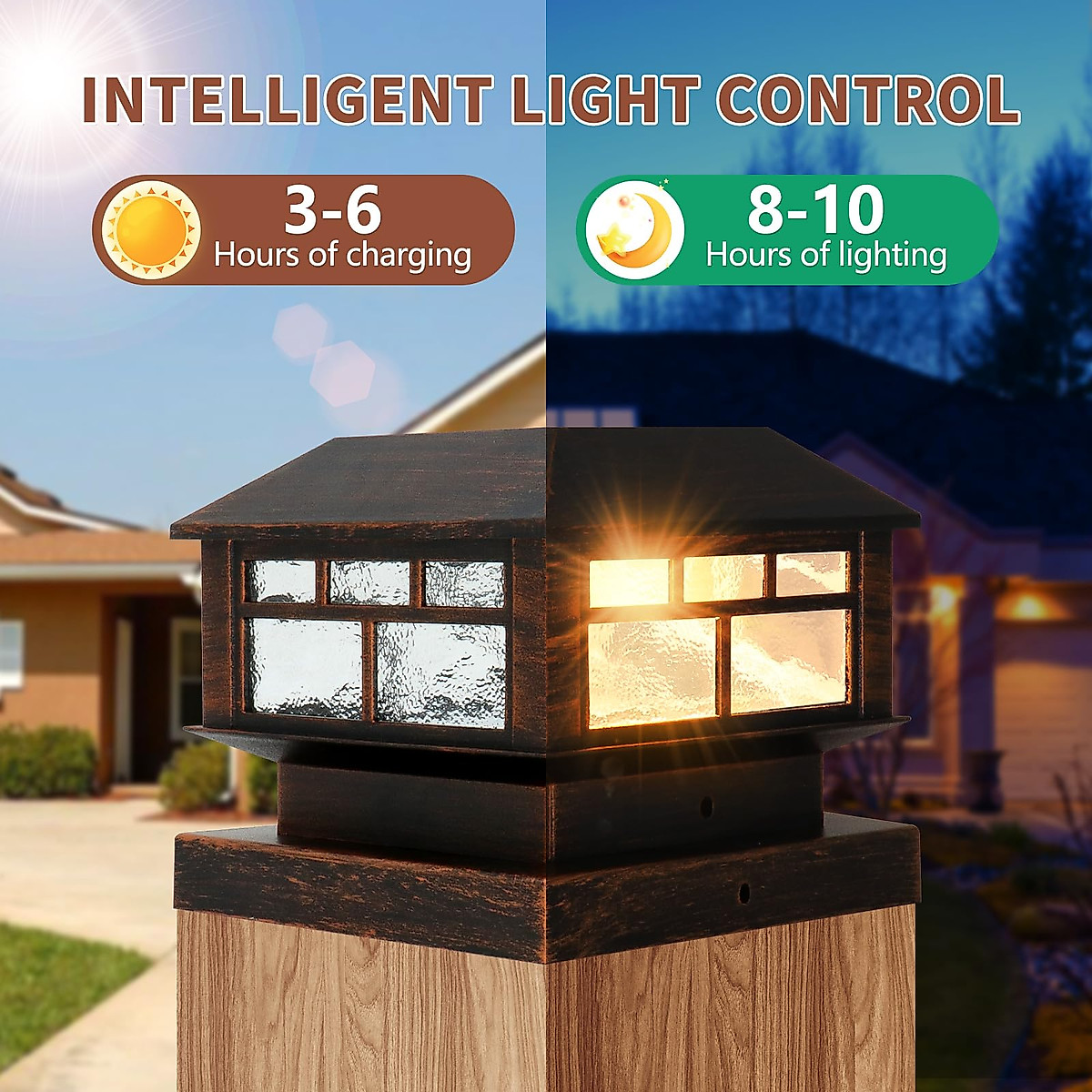 POWGDLT Solar Post Cap Lights Bronze Fence Deck Post Light Solar Powered Fit 3.5x3.5 4x4 5x5 Wooden Posts 8 Packs