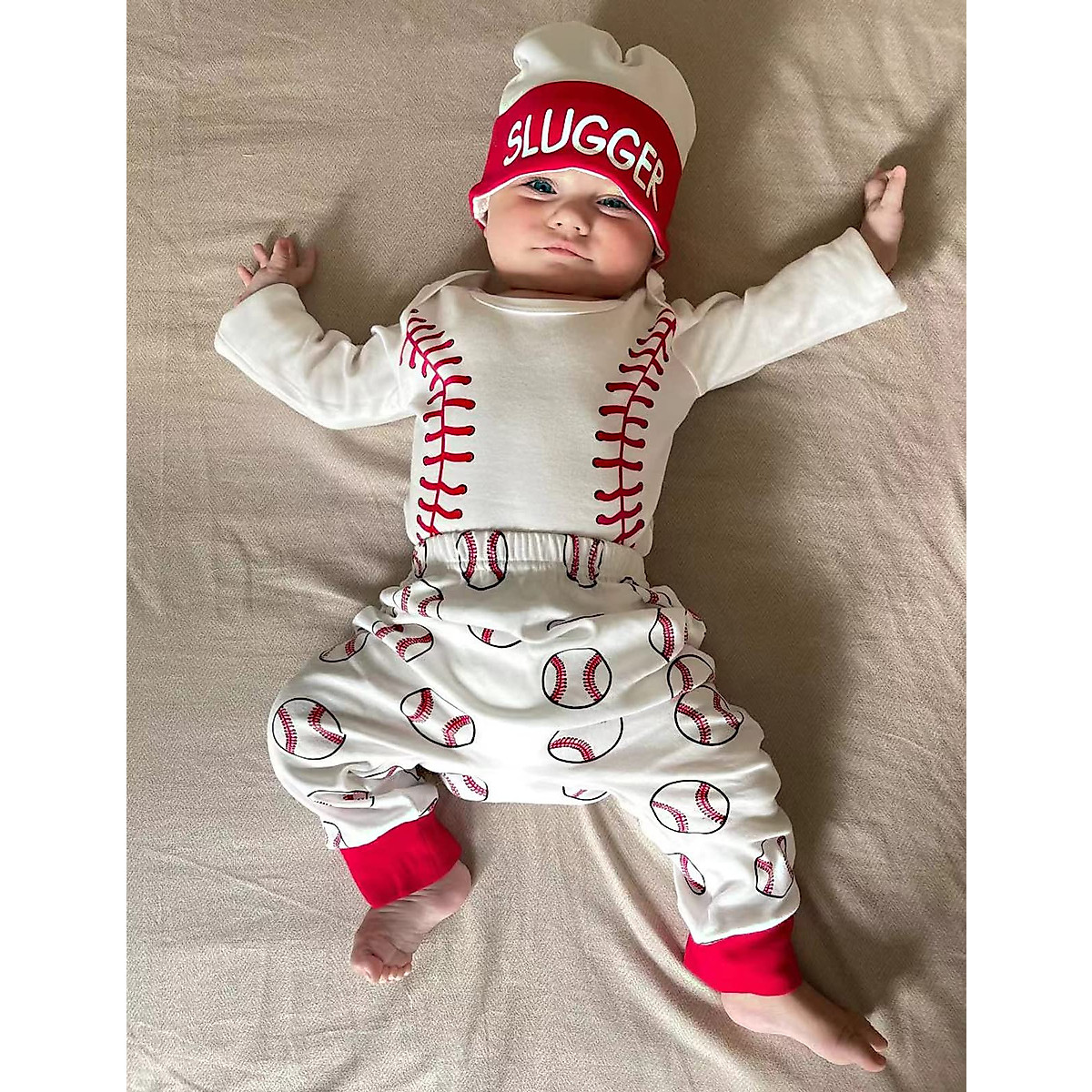 COSLAND Baby Baseball Outfit Infant Boys Cotton Pant Sets, White, Newborn