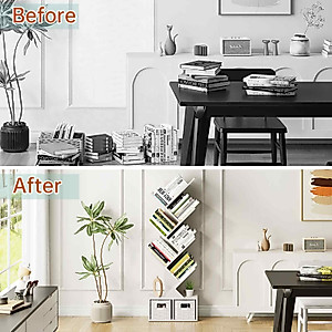 Vagusicc Tree Bookshelf, 6 Tier Bookshelf with Storage, Tall Narrow Bookcase, Wood Book Storage Rack for CDs/Books, Small Book Organizer Shelves for Bedroom, Living Room, Home Office, White
